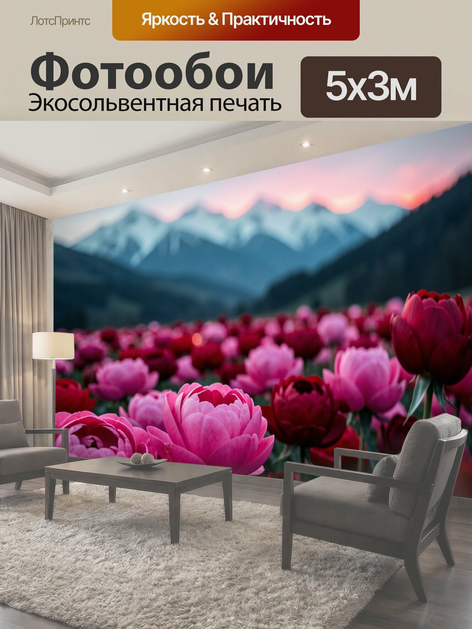 Фотообои "Яркое поле магентовых и малиновых цветов на переднем плане, крупные распустившиеся бутоны в низком ракурсе, на заднем плане размытые." 500x300 см. экосольвентная печать