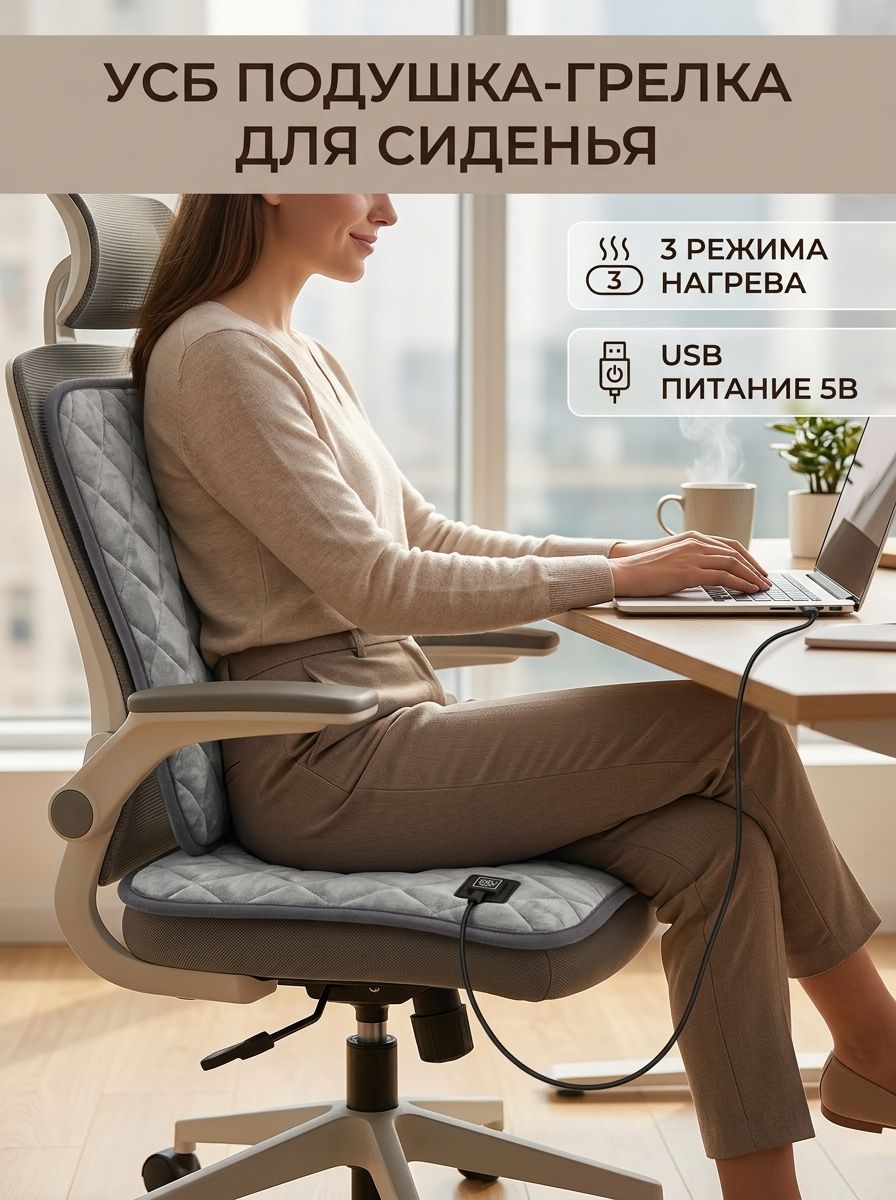 Подогреваемая подушка на сиденье USB, 3 режима нагрева, размер 42*42 см, для офиса и дома
