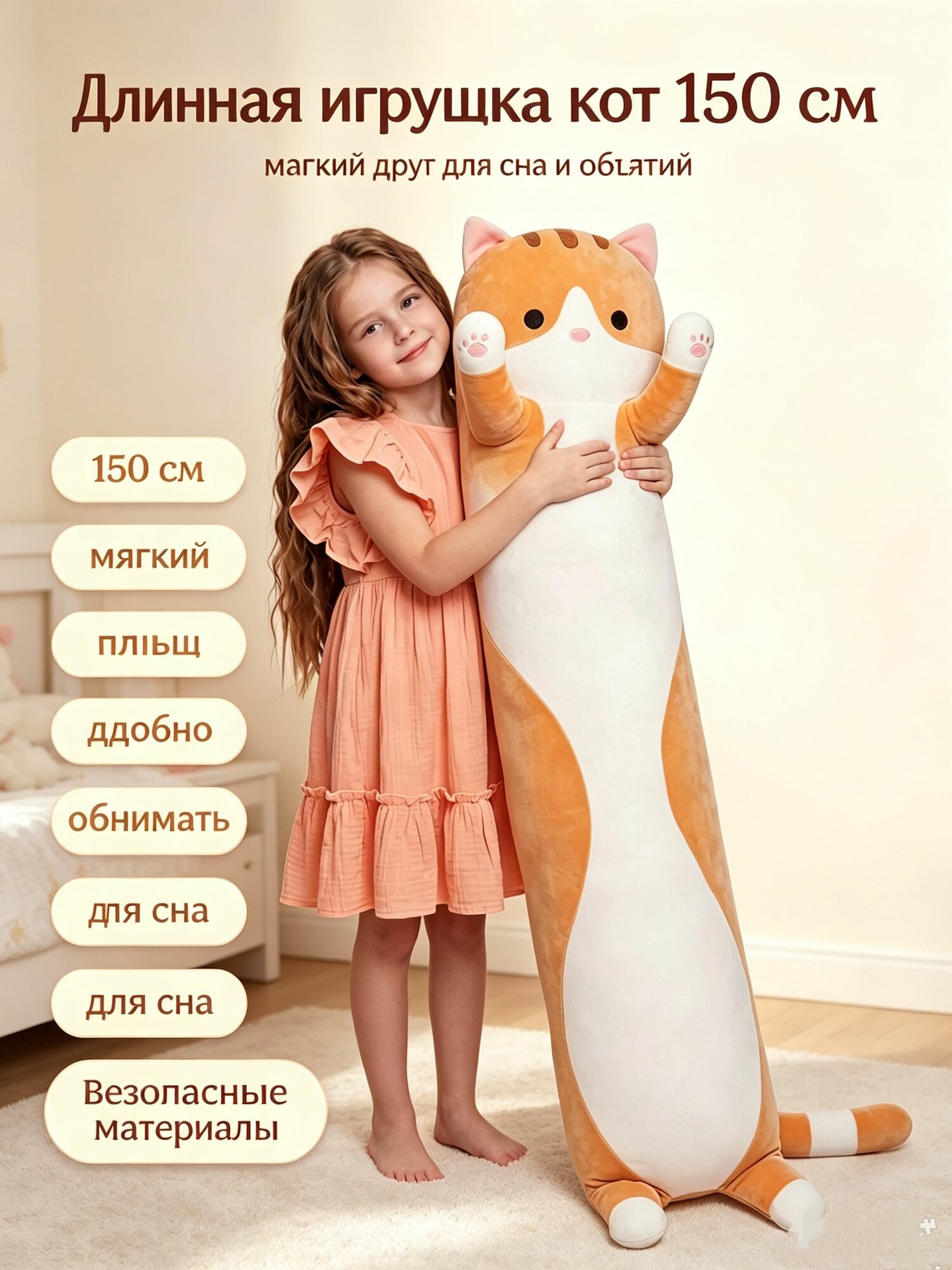 Мягкая игрушка Кот Батон Рыжий 150 см