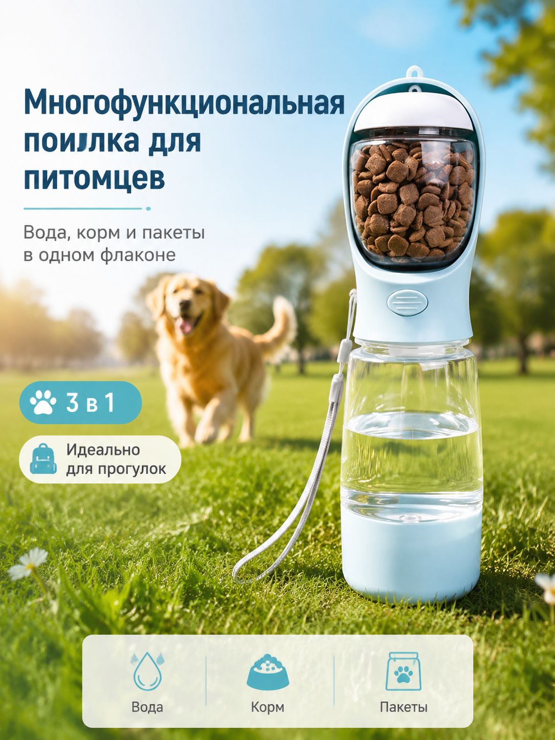 Поилка прогулочная для собак, портативная дорожная бутылка 400 мл, с диспенсером для пакетов 3 в 1