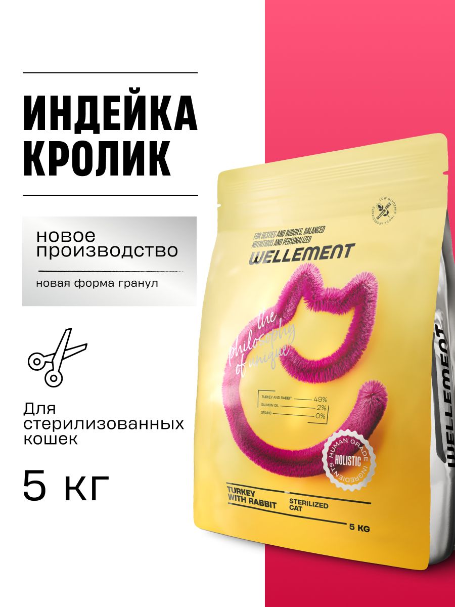 Беззерновой сухой корм холистик Wellement для стерилизованных кошек с индейкой и кроликом, 5 кг
