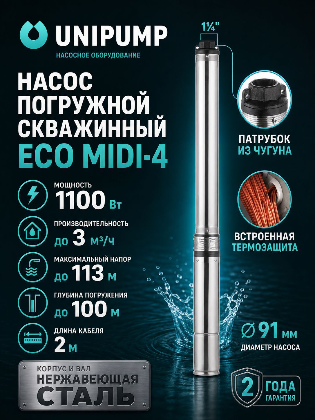 Насос погружной для воды Unipump ECO MIDI-4 (1,1кВт, 2м)