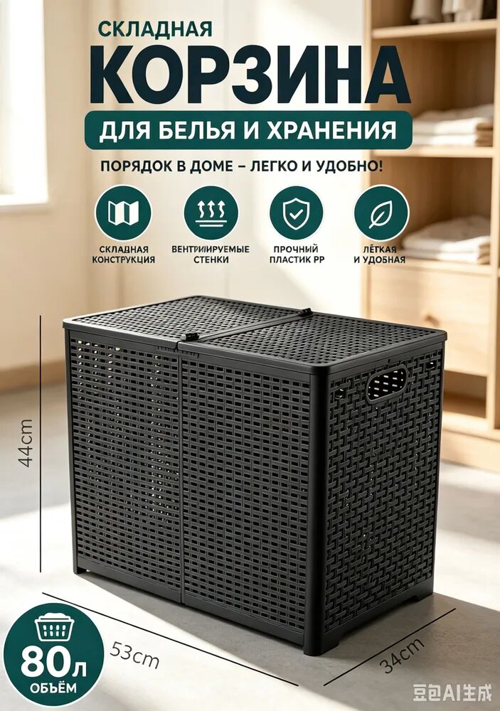 Складная корзина для белья PARMA Twin 80 л, пластик, чёрный, 53x34x44 см