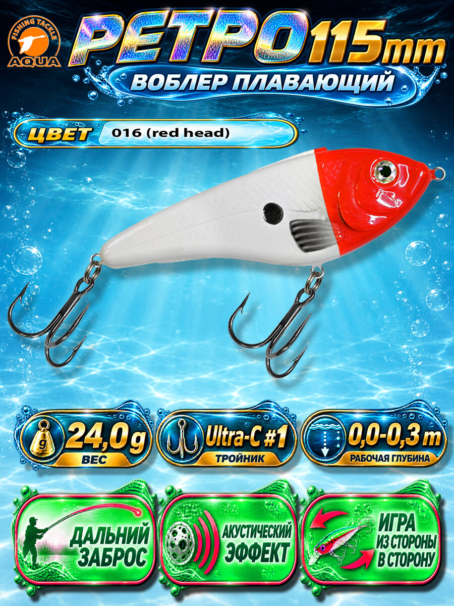 Воблер для рыбалки плавающий AQUA Ретро 115mm 24g. Приманка джеркбейт на спиннинг, на щуку, судака, окуня цвет 016