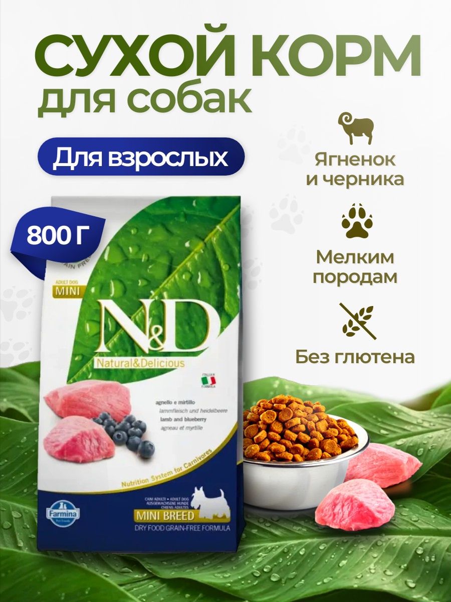 Cухой корм для собак малых пород Farmina N&D Mini 800 грамм. Фармина НД Мини с ягнёнком и черникой