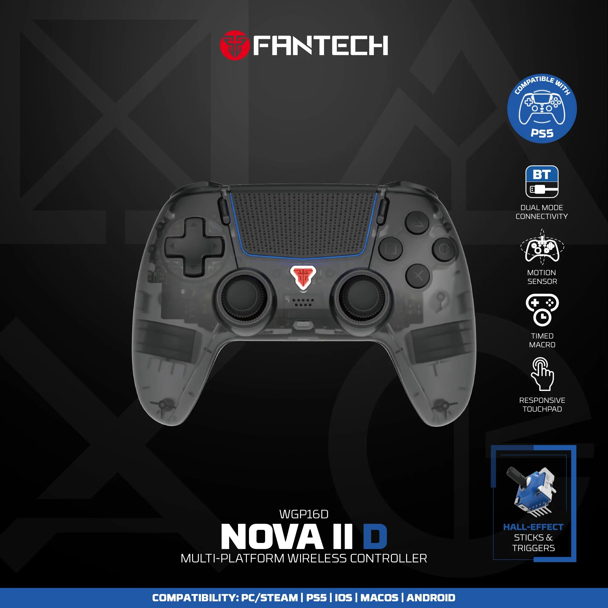 Беспроводной геймпад FANTECH NOVA IID WGP16D для PS5, ПК, iOS, Android Темно-синий, Black