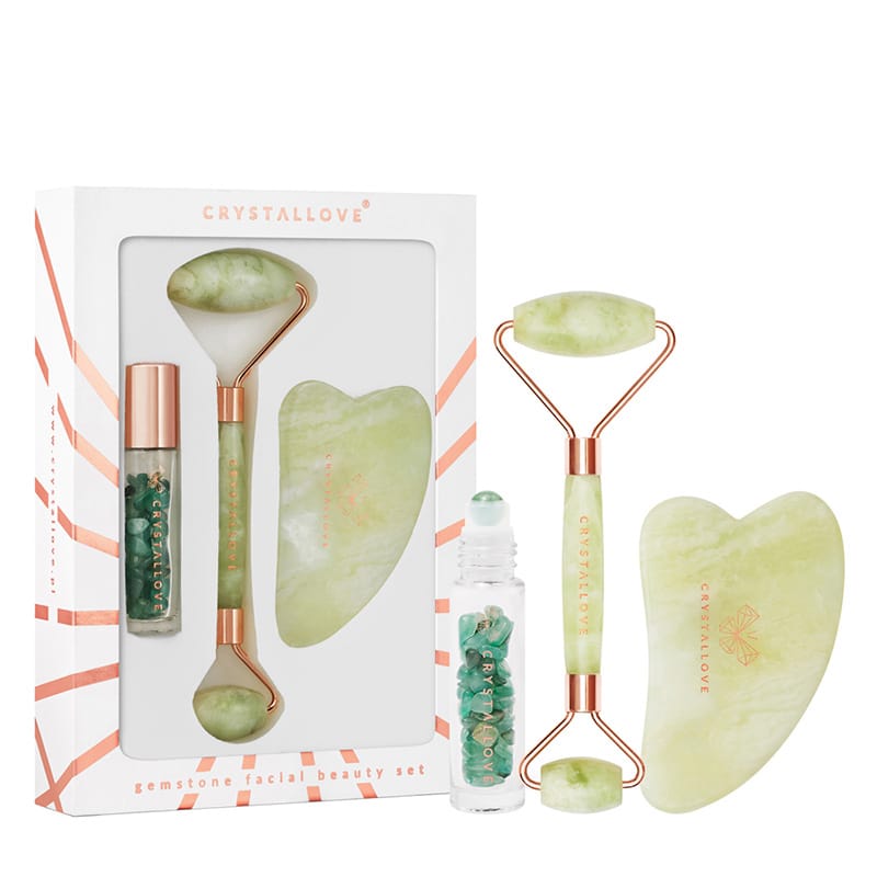Crystallove Jade Beauty Set - Набор для массажа лица Нефрит: массажный ролик, скребок Гуаша, флакон для масла