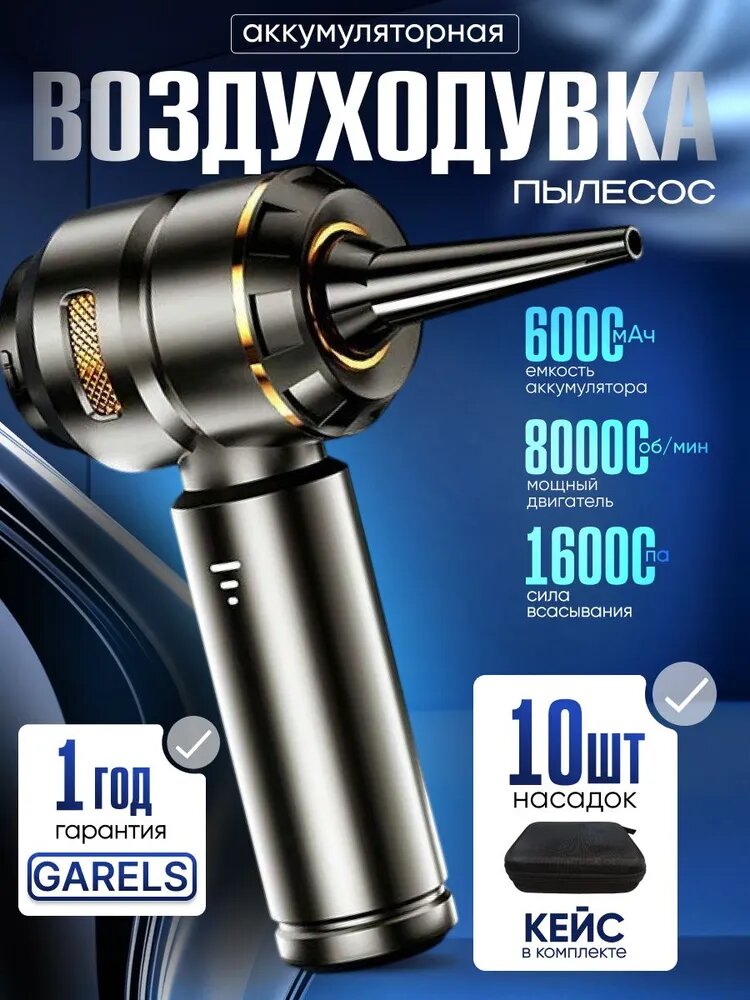 Воздуходувка аккумуляторная для компьютера мощная GARELS 6000 мАч / ветродуйка / пылесос для пк