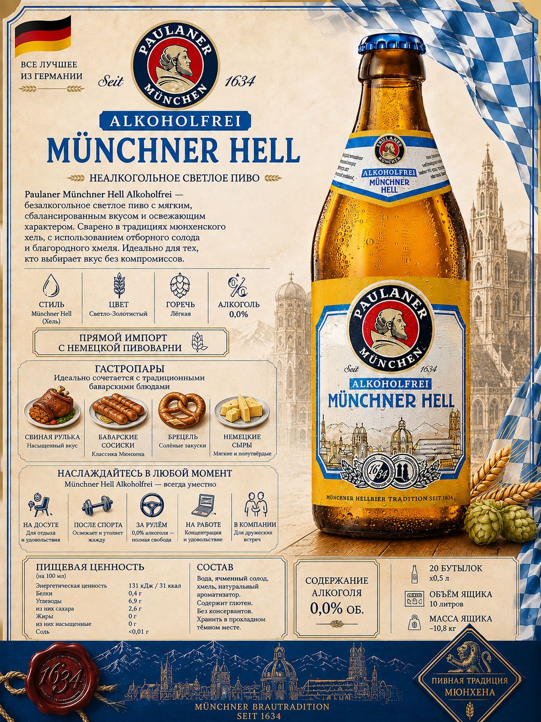 Пиво Пауланер Мюнхенское Хелл Безалкогольное - Paulaner Munchner Hell Alkoholfrei 0,5. Германия.