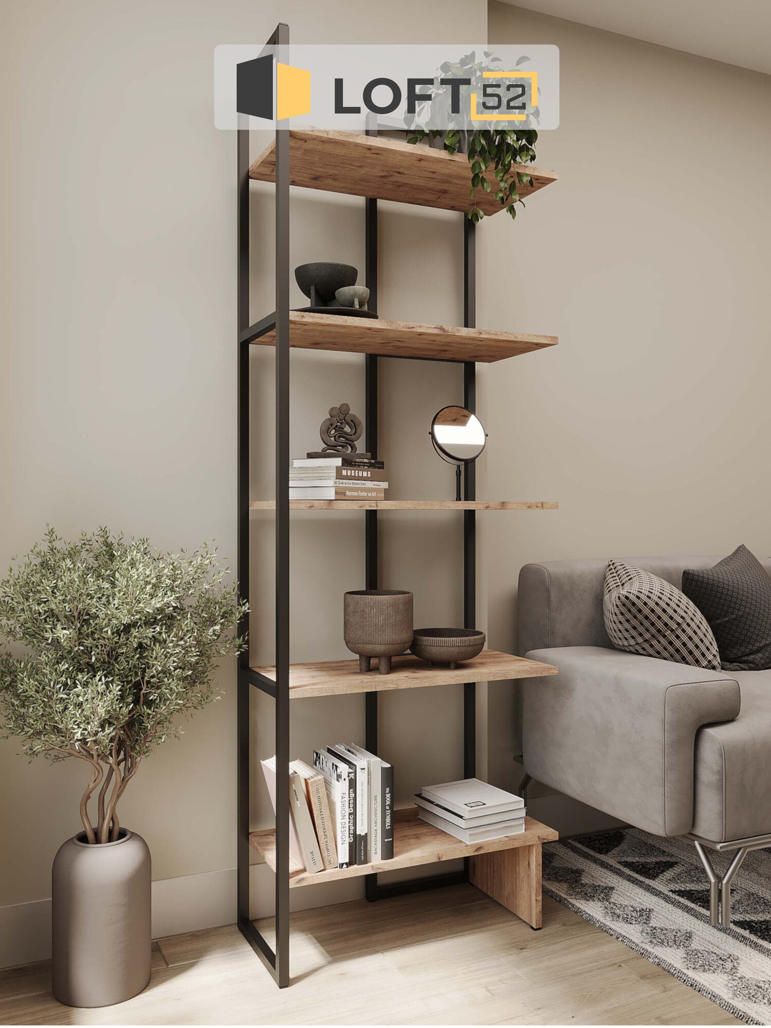 Стеллаж угловой напольный, LOFT 52, размер: 62х 177 см, ЛДСП, Металл, Веллингтон