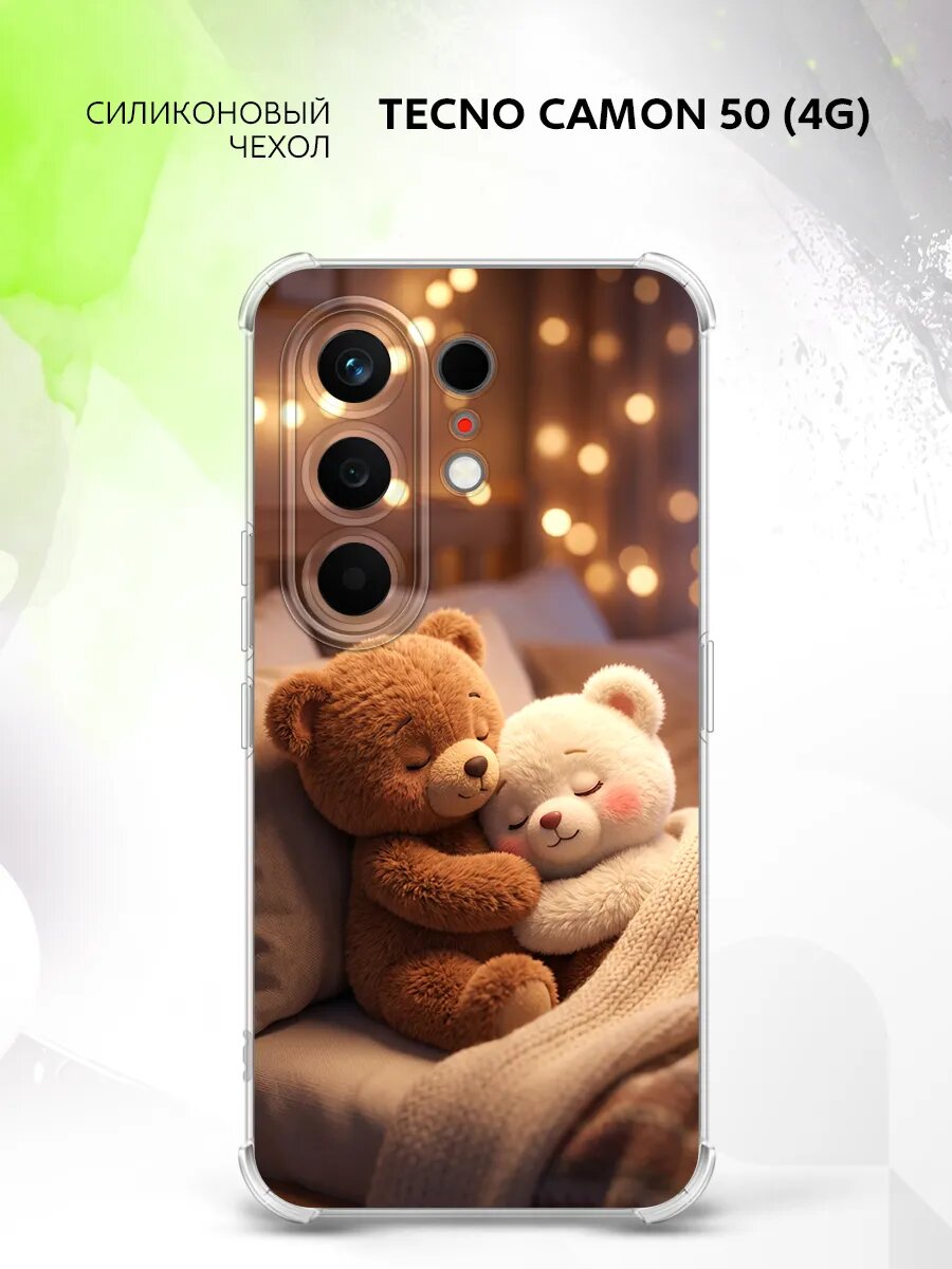 Чехол на Tecno Camon 50 (4G), Техно Камон 50 (4Г) защита камеры и углов, кейс с картинкой мишки спят