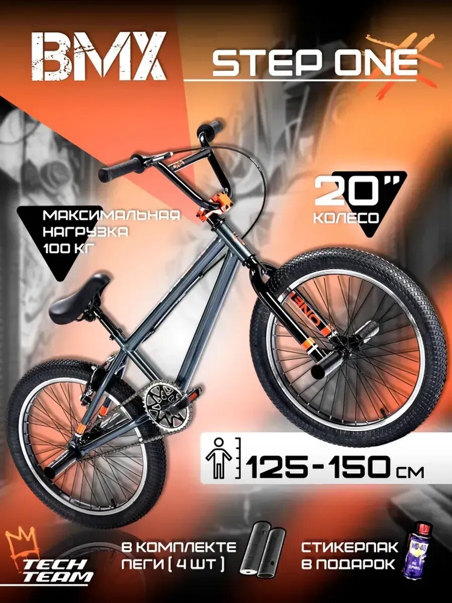 20" Велосипед трюковой BMX TechTeam STEP ONE, серый, рама 18,7", на рост 120-160 см, экстремальный, подростковый