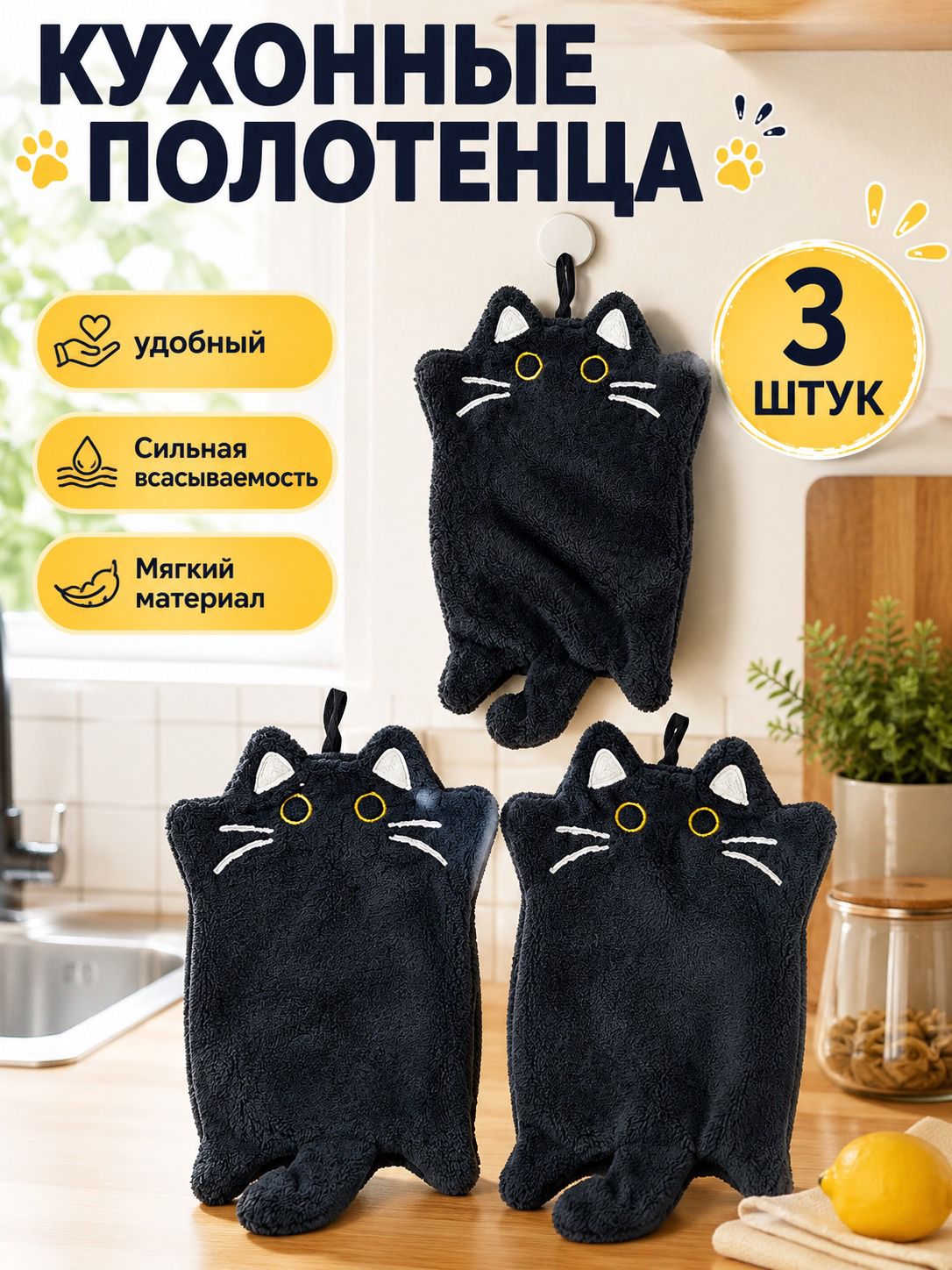 Полотенце кухонное 18x28 3 шт велюровая фактура корал-флис черный