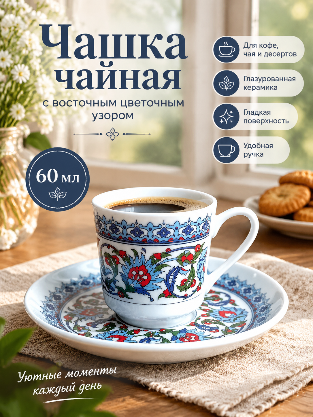 Чашка чайная 60 мл с восточным цветочным узором и ручкой, керамическая, для кофе, 1 шт