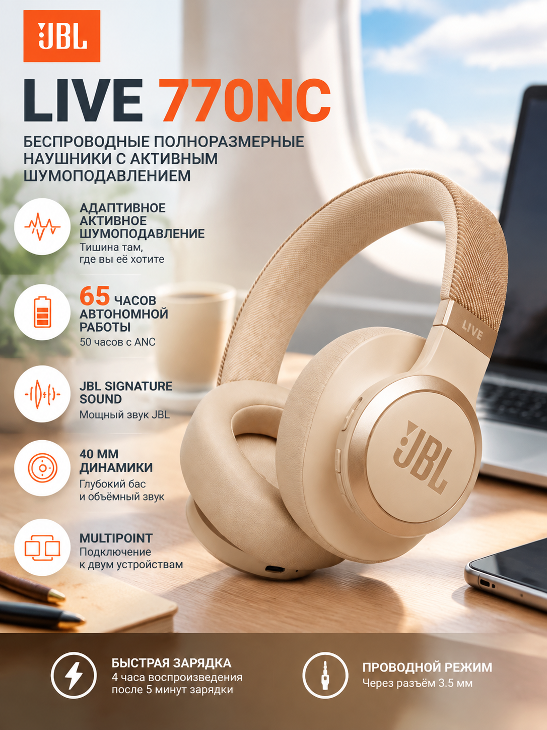 Наушники беспроводные полноразмерные с ANC, Bluetooth 5.3 и 40 мм драйверами, до 65 ч работы