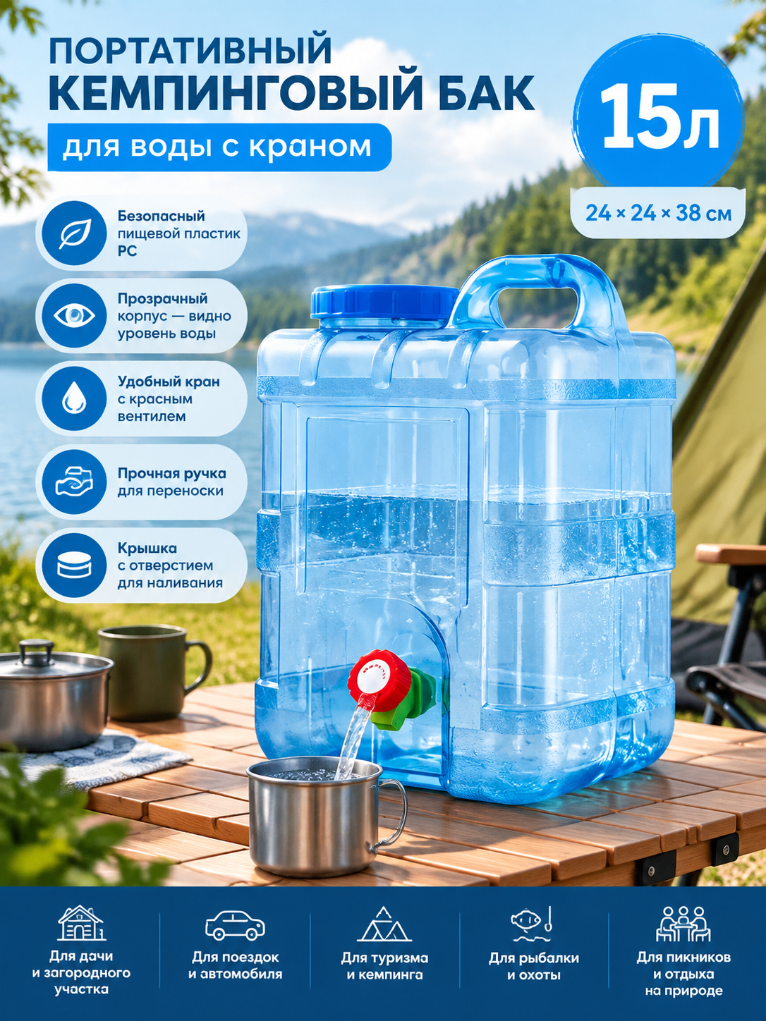 Портативный кемпинговый бак для воды 15 л с краном, прозрачный синий, 24×24×38 см, для дачи и похода