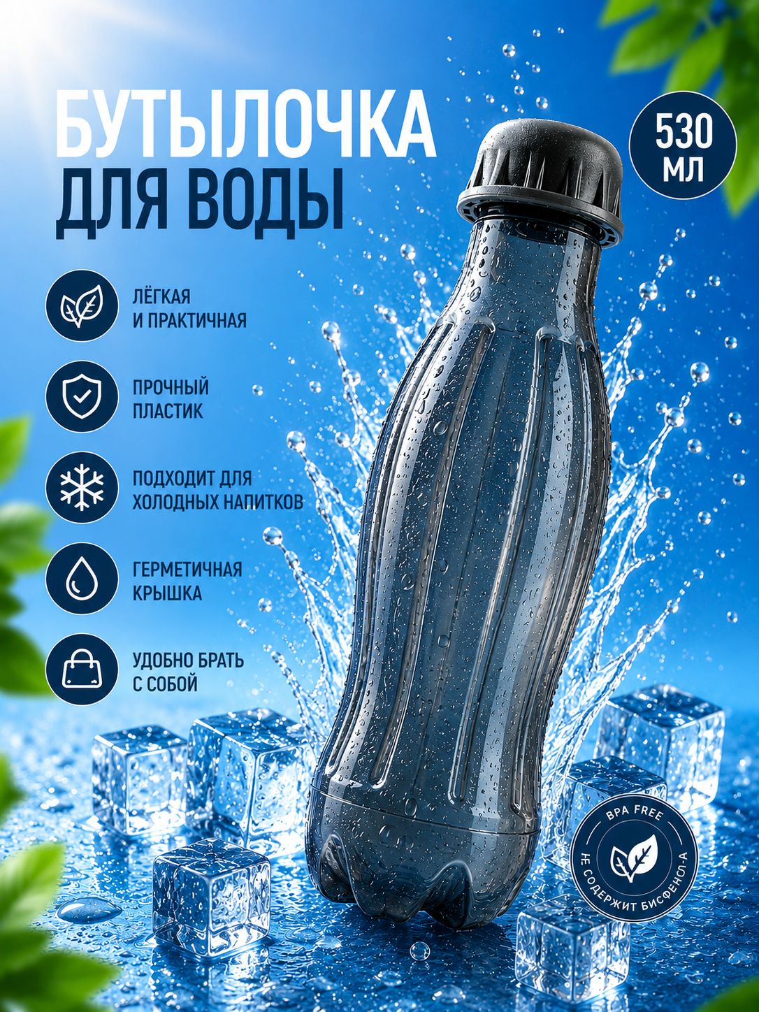 Бутылка для воды с винтовой крышкой Спортивная для детей и взрослых 530 мл