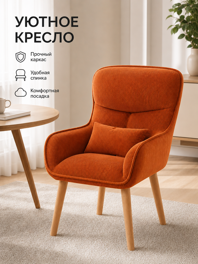 Фиксированное кресло, вельвет, оранжевое, с деревянными ножками, с подушкой
