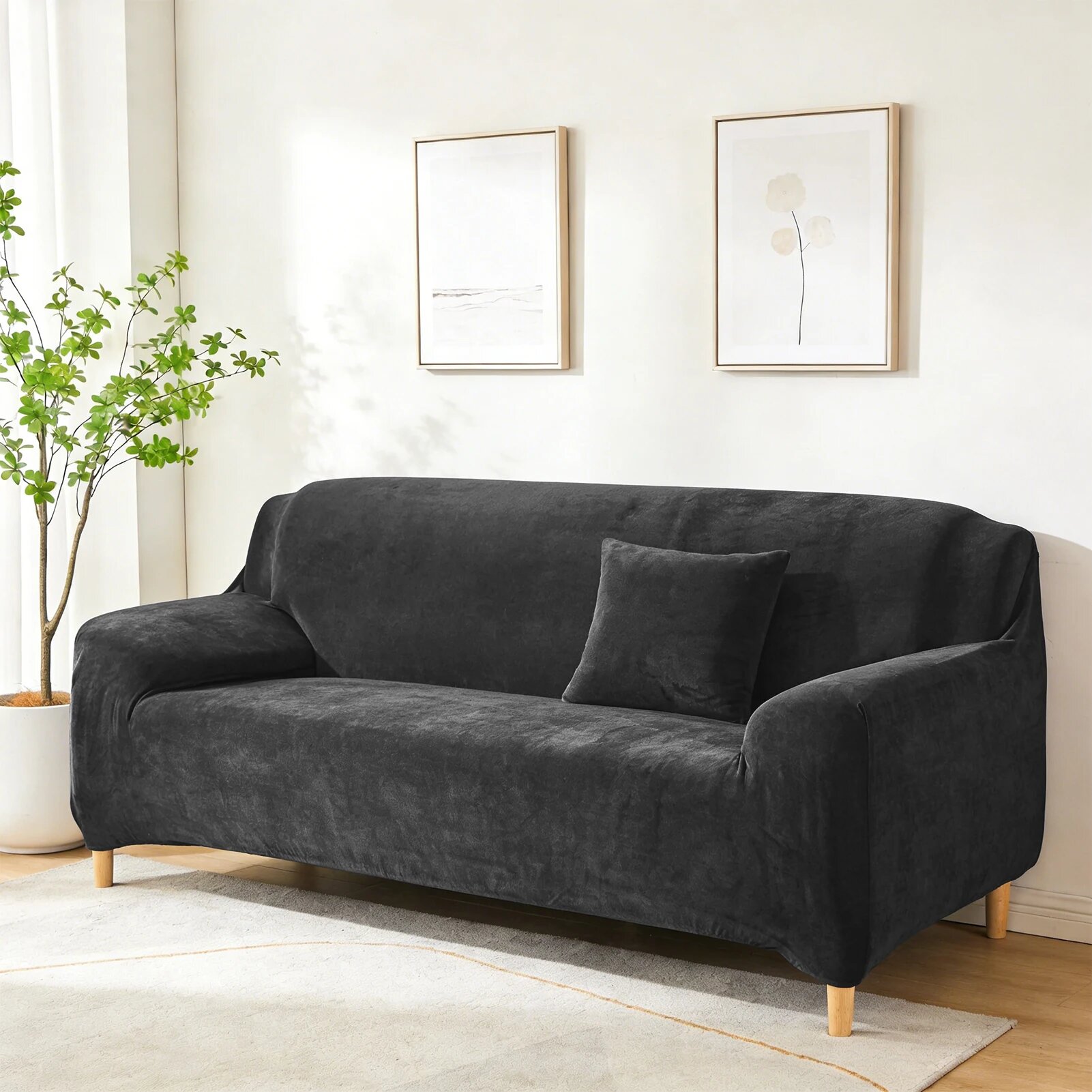 Чехол для дивана из вельвета 4 Seat ( 225-290cm), Черный, Black