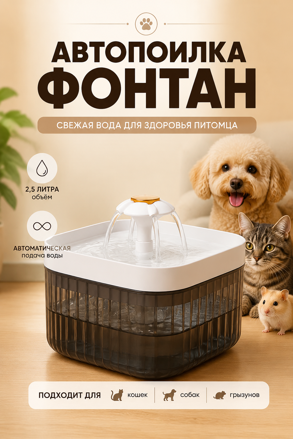 Автопоилка-фонтан для кошек, собак и грызунов, 2,5 л, белая, ABS-пластик