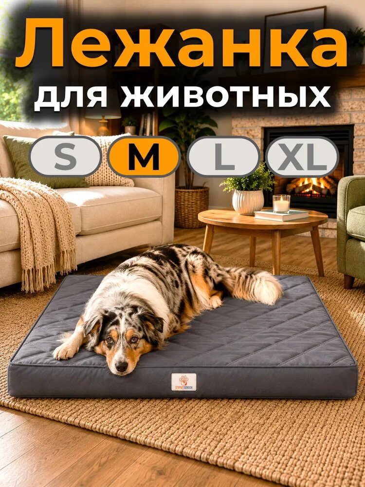 Лежанка для собак средних пород 90x80x8 СМ серая / Лежак со съемным чехлом и ортопедическим матрасом / Прочная и водонепроницаемая подстилка для собаки