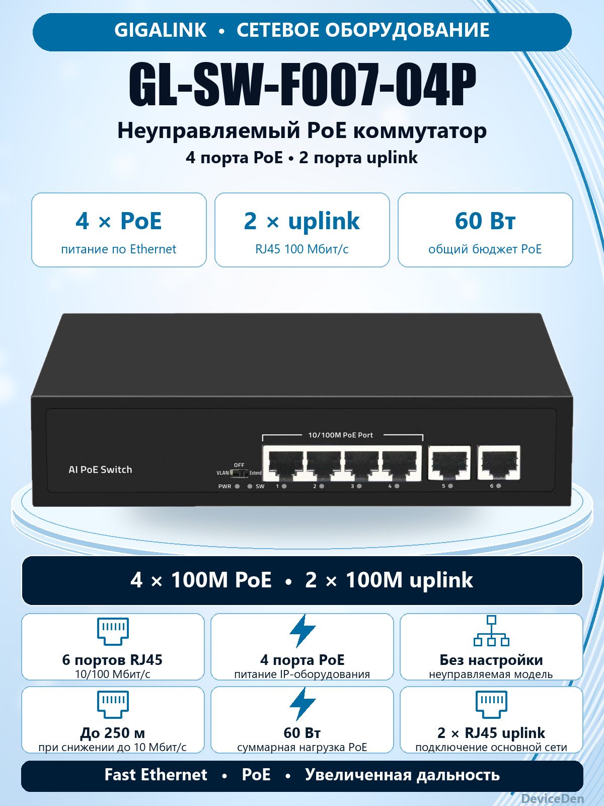 GIGALINK GL-SW-F007-04P Коммутатор POE
