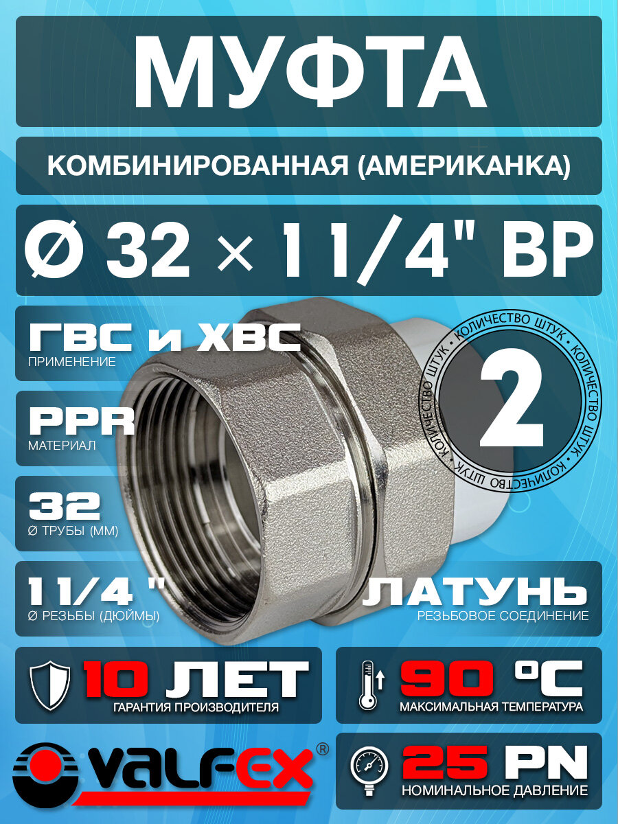 Муфта комбинированная разъемная (американка) с внутренней резьбой 32x1 1/4" (2 шт)