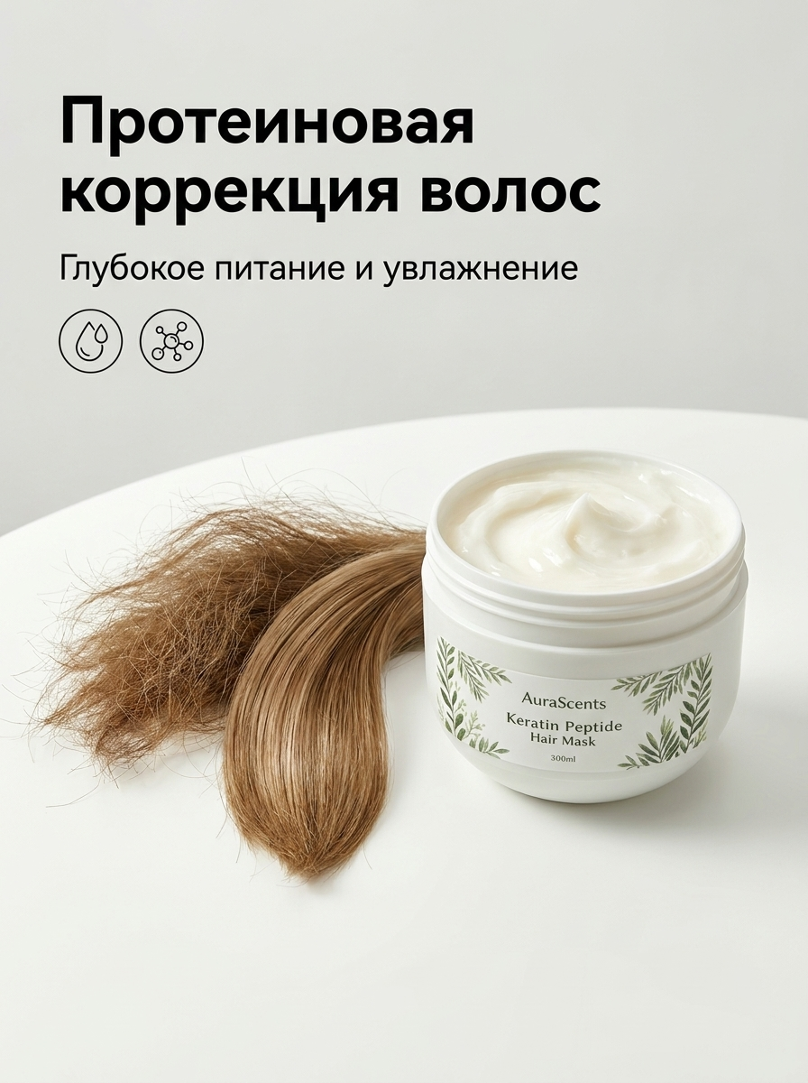 Маска для волос AuraScents с кератином и мультипептидами – восстановление, разглаживание, блеск, 300 мл
