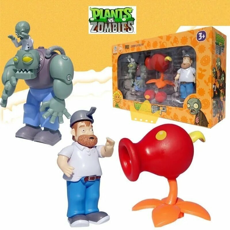 Игровой набор Plants vs zombie: Горохострел, фигурка Безумного Дейва + Доктор Зомбосс, Растения против зомби