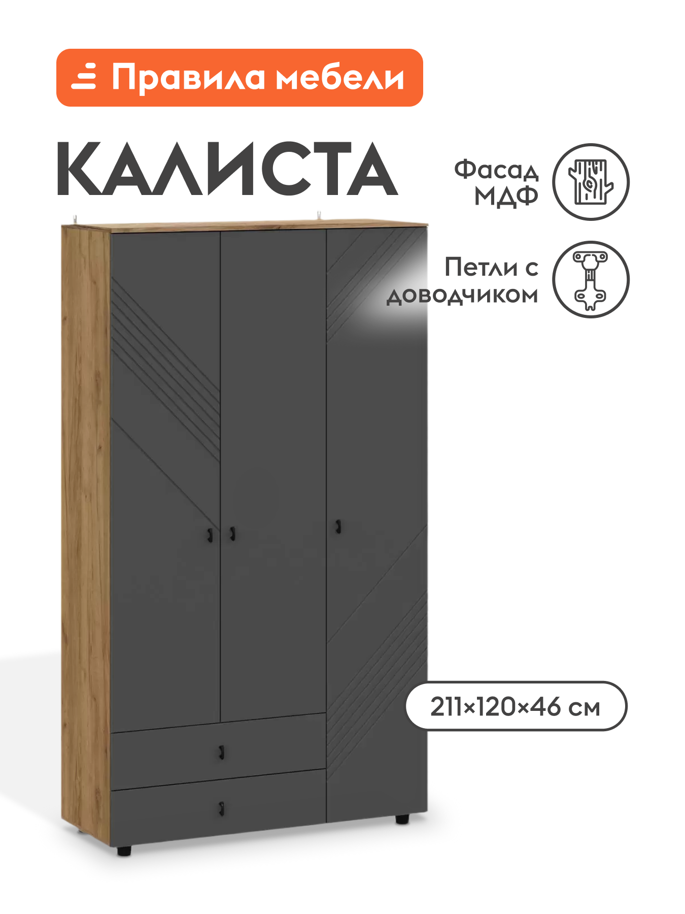 Распашной шкаф для одежды и хранения вещей Калиста Комби с полками, с ящиками, со штангой, 120х46.4х210.6 см, Дуб золотой / Графит