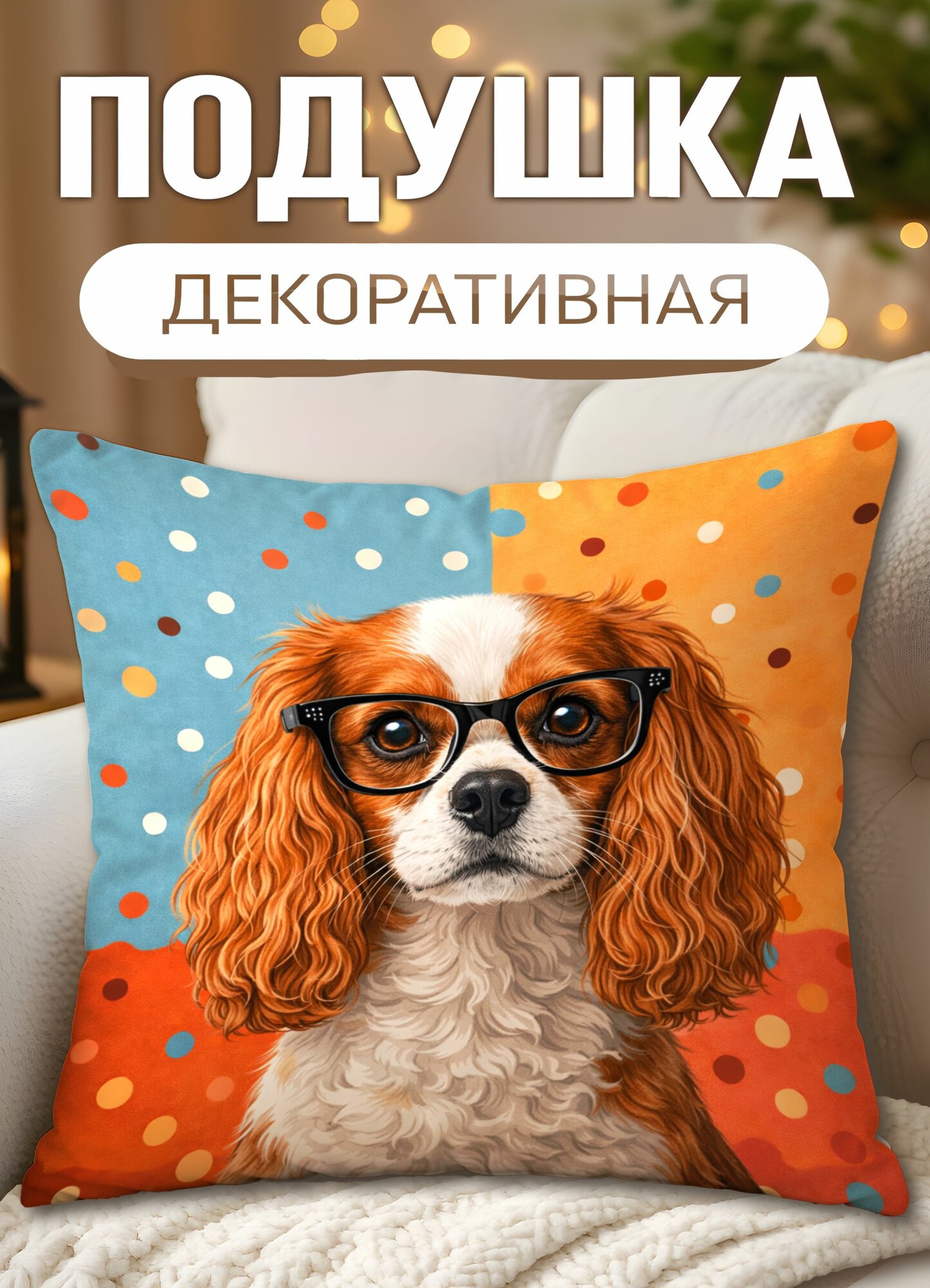 Подушка декоративная с принтом Собака в очках Спаниель, размеры 40 х 40 см, 1 шт.