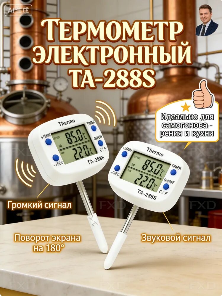 Мини термометр электронный TA-288S с коротким щупом 4 см. Цифровой датчик температуры со звуком для дистиллятораконтроля жарки мяса