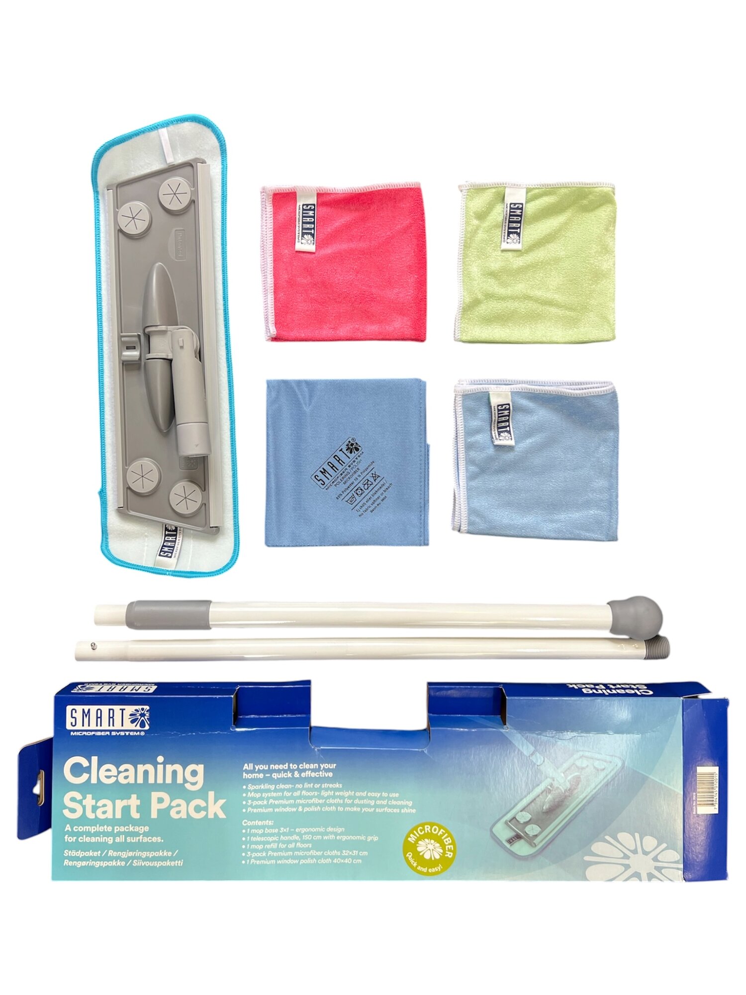 Smart Microfiber System Комплект для уборки Cleaning Start Pack: швабра + насадка, 3 салфетки для уборки 32x31 см, 1 салфетка для стекла 40x40 см