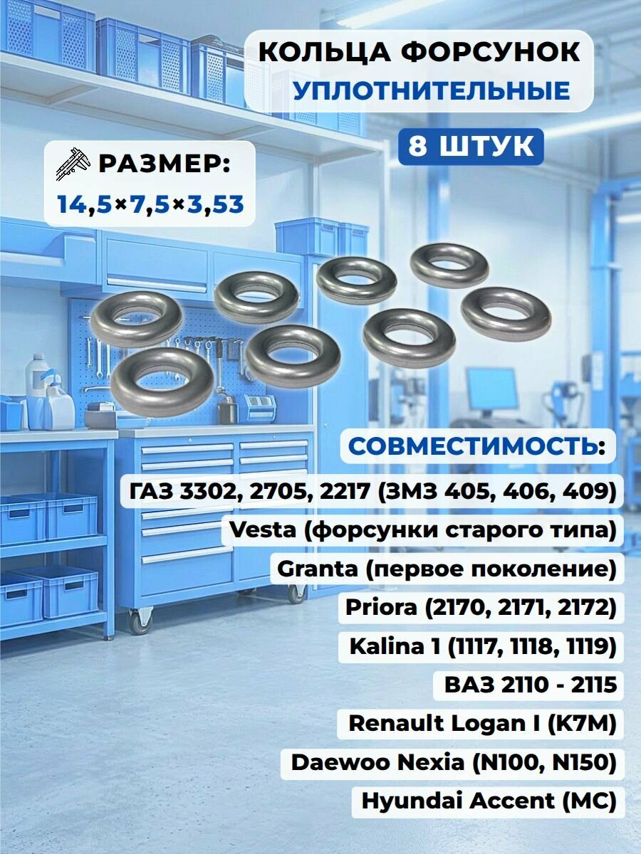 Уплотнительные кольца форсунок применяются для ВАЗ 2115, 2114, 2110, подходят для Приора, устанавливаются на Калина 1, совместимы с Гранта.