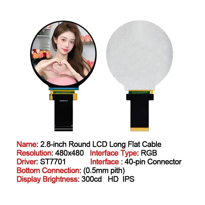 Круглый IPS TFT-дисплей 2.8 дюйма 480x480 ST7701 40p RGB LCDlongcable