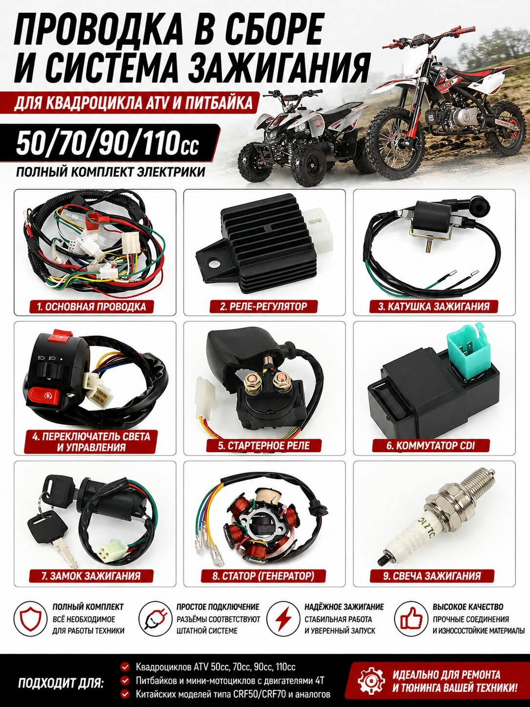 Полный комплект проводки для ATV/питбайка 50-125сс: жгут проводов, статор (катушка), выключатели на руле. Универсальный набор.
