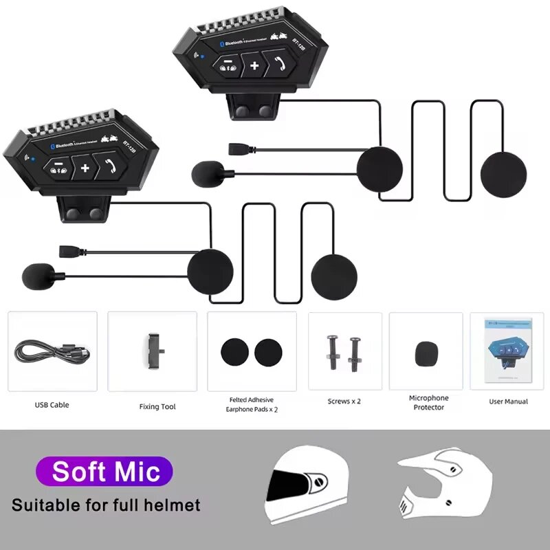 Bluetooth-гарнитура Для Мотоциклетных Шлемов BT12B, 1000 мАч, 500 М, Беспроводной 2Pcs Soft