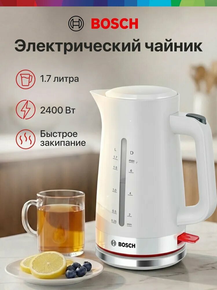 Электрический чайник Bosch TWK 3M121, 2400 Вт, 1.7 л, белый