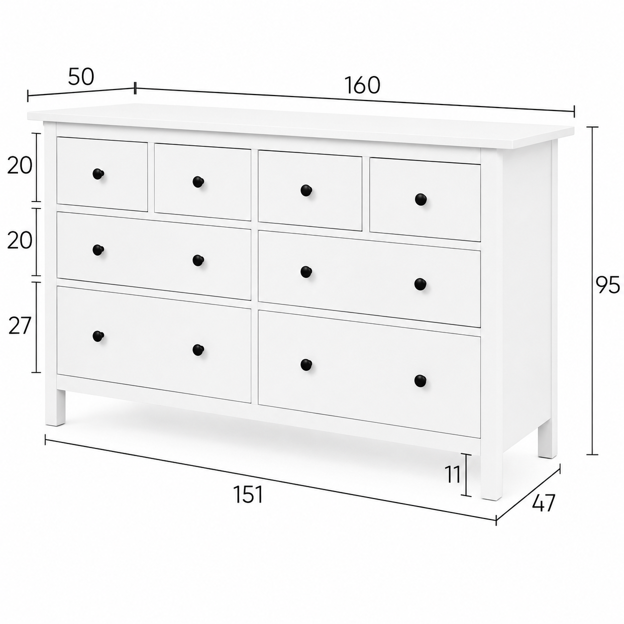 Комод 8 ящиков HEMNES Кымор, массив сосны, цвет белый, (икеа)