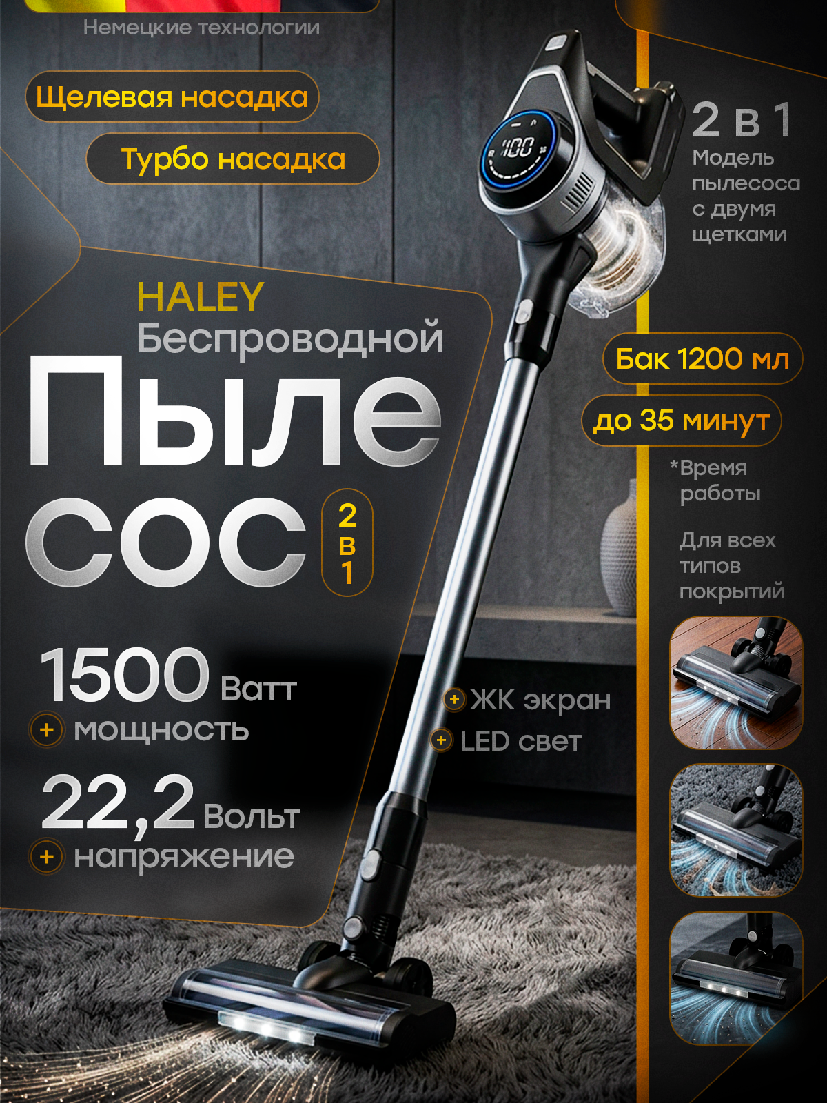 Пылесос вертикальный беспроводной аккумуляторный мощный 1500Вт