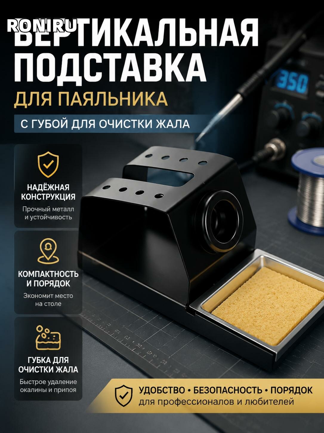 Вертикальная подставка под паяльник с губкой для очистки жала — компактный держатель для станции и стола, удобная организация рабочего места