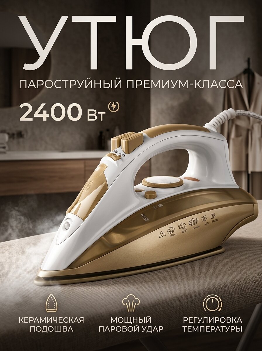 Домашний утюг электрический проводной, с антипригарным покрытием, с функцией вертикальной глажки, паровой утюг, бежевый,2400Вт
