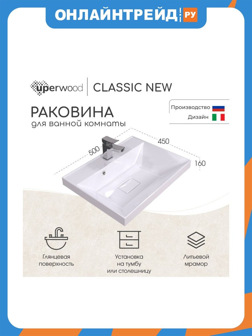 Раковина Uperwood для ванной Classic New 50х45х16 см, белая глянцевая, с накладкой для слива