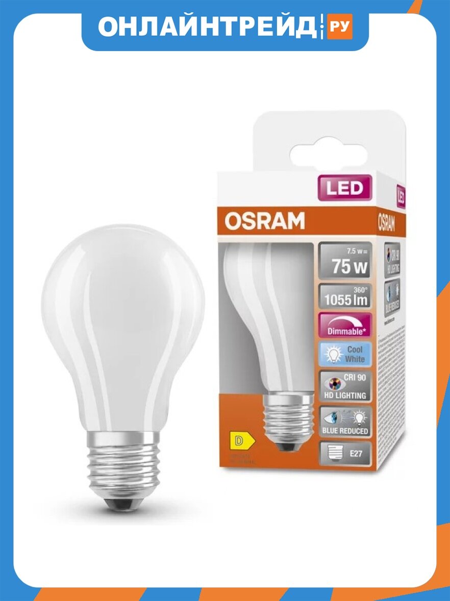 Светодиодная лампа Ledvance-osram Osram LEDSSPCL A 75D DIM FIL 7.5W/940 (=75W) 220-240V E27 320° 1055Lm мат.