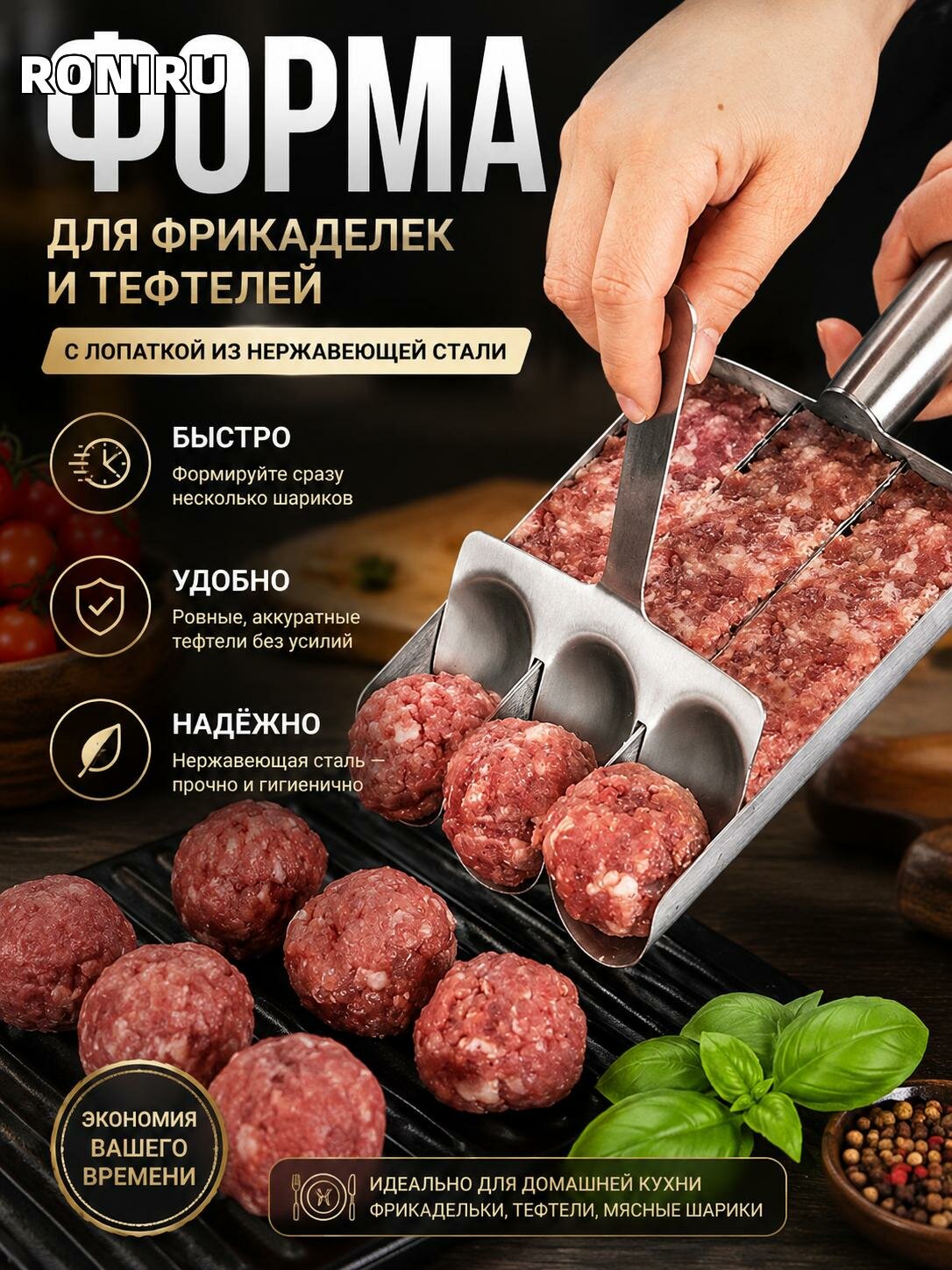 Форма для фрикаделек и тефтелей с лопаткой из нержавеющей стали — удобный кухонный инструмент для быстрых мясных шариков