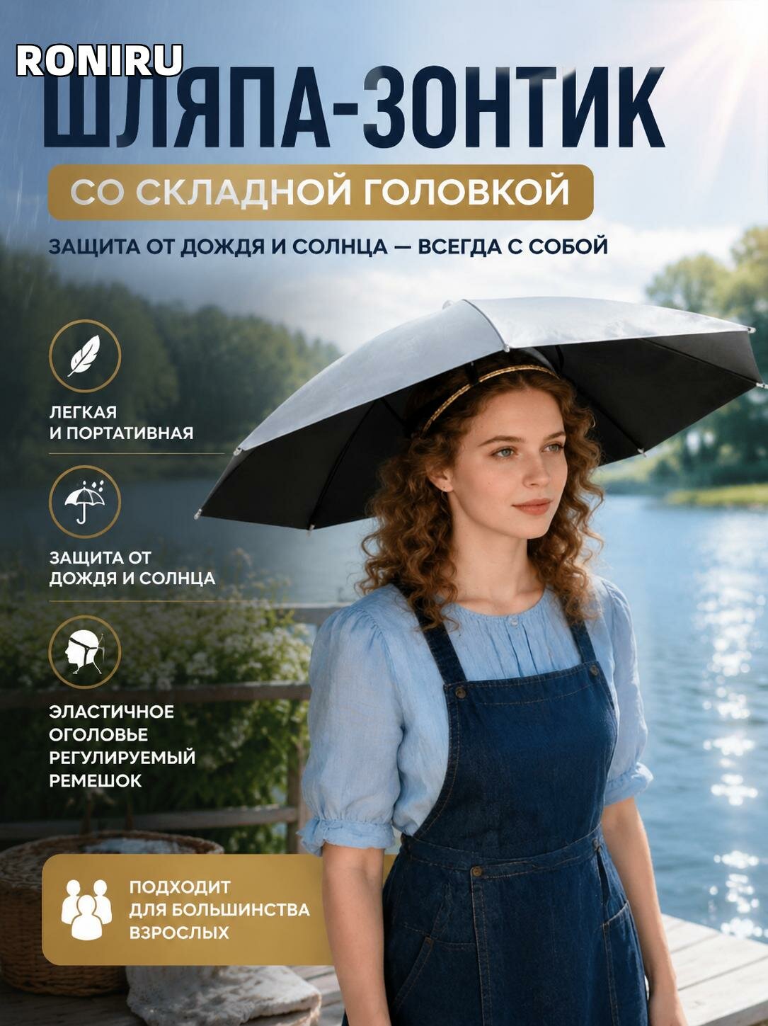Шляпа-зонтик со складной головкой, легкая портативная кепка от дождя и солнца с эластичным оголовьем и регулируемым ремешком, подходит для большинства взрослых