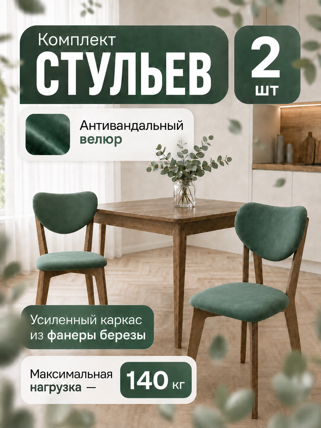 Стулья для кухни 2 шт со спинкой мягкие велюр деревянные
