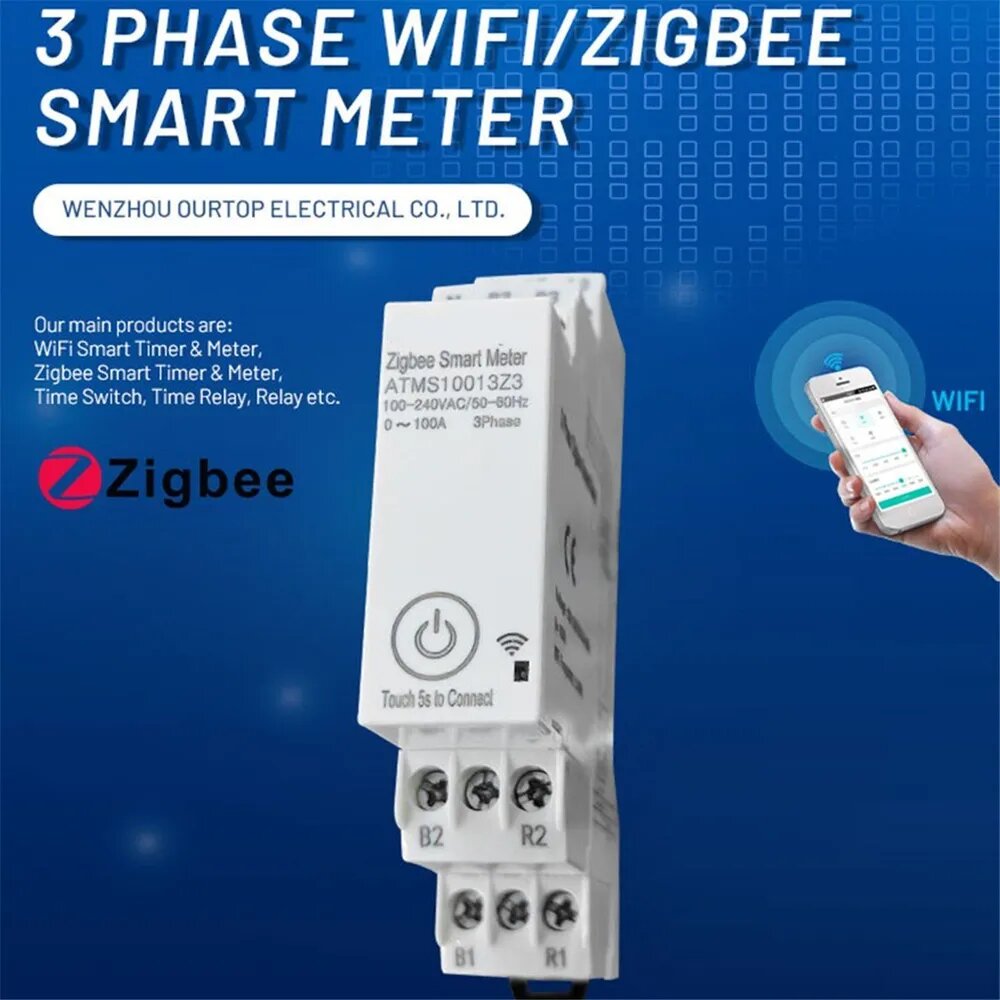 Многофункциональный стационарный счетчик электроэнергии Zigbee для трехфазного питания (пластик)