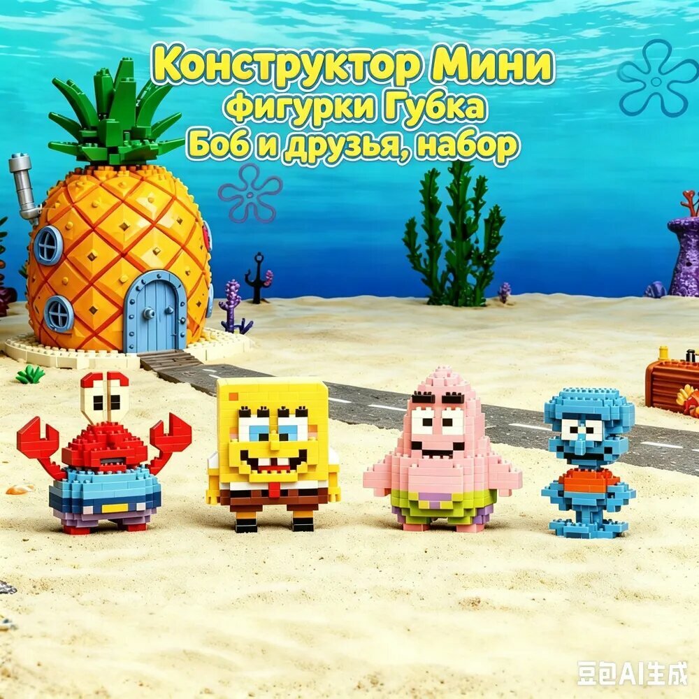 Конструктор мини фигурки Губка Боб и друзья, набор 4 шт