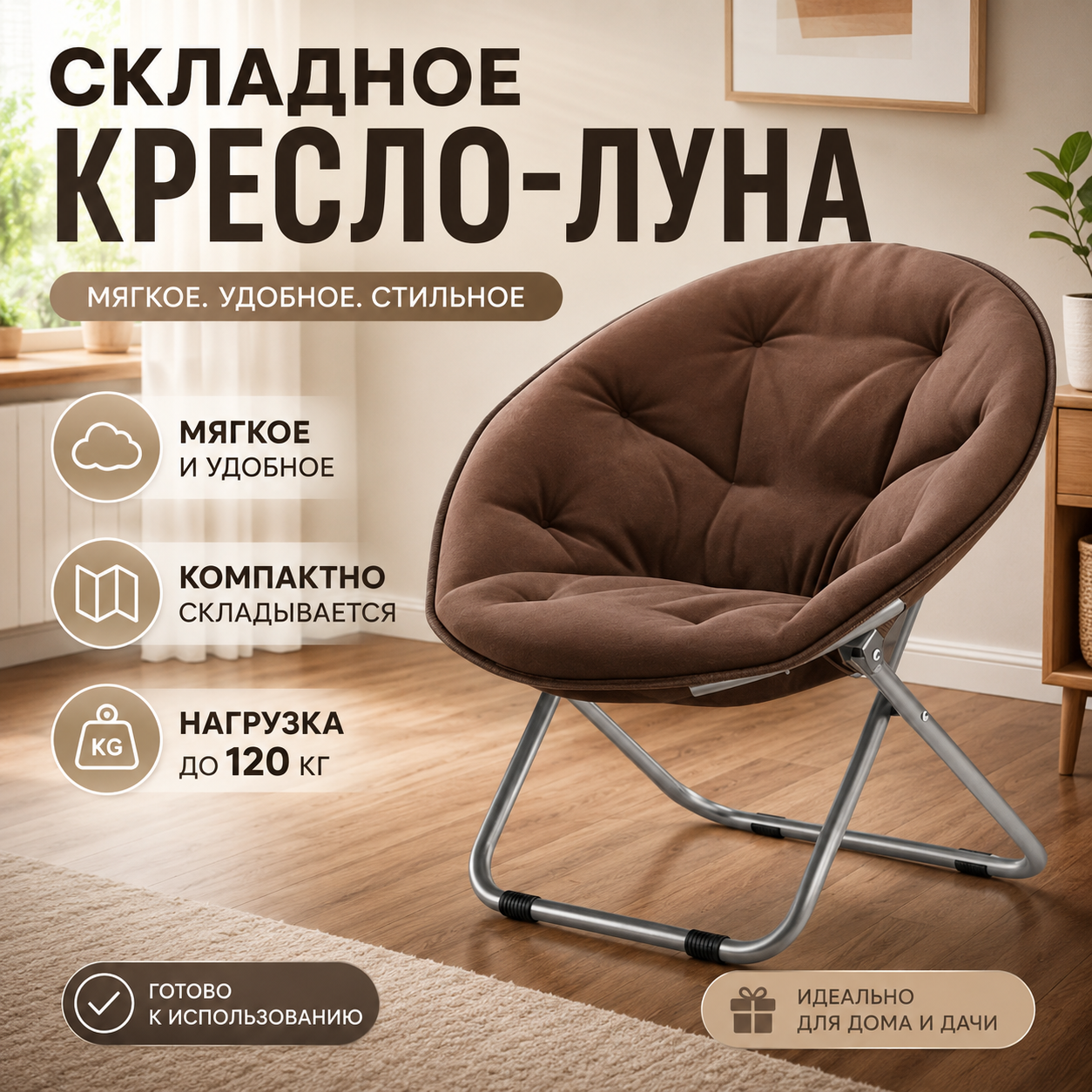 Кресло раскладное "Шоколадное", легкий вес 2,5 кг, компактное, для отдыха на природе
